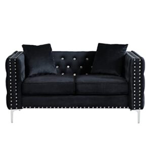 Melpomene Tufted Sectional 59.4''W 2 Seat Tuxedo Velvet Loveseat Couch Bilateral Crystal Button-Tufted Accent with Chrome Metal Legs, Modern Contemporary Chesterfield (Black, 2 Seat)