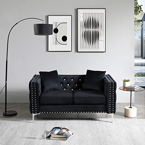 Melpomene Tufted Sectional 59.4''W 2 Seat Tuxedo Velvet Loveseat Couch Bilateral Crystal Button-Tufted Accent with Chrome Metal Legs, Modern Contemporary Chesterfield (Black, 2 Seat)