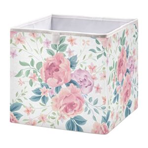 kigai cube storage bin pink rose flower floral foldable storage basket toy storage box for home organizing shelf closet bins, 11 x 11 x 11-inch