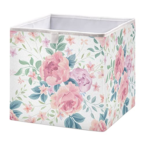 Kigai Cube Storage Bin Pink Rose Flower Floral Foldable Storage Basket Toy Storage Box for Home Organizing Shelf Closet Bins, 11 x 11 x 11-Inch