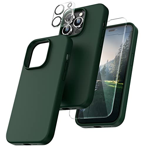 TOCOL [5 in 1 Designed for iPhone 14 Pro Case, with 2 Pack Screen Protector + 2 Pack Camera Lens Protector, Liquid Silicone Phone Case 6.1 Inch, [Anti-Scratch] [Drop Protection], Alpine Green