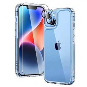 tauri 5 in 1 designed for iphone 14 case clear, [not yellowing] with 2x screen protectors + 2x camera lens protectors, [military grade drop protection] shockproof slim 14 cover 6.1 inch