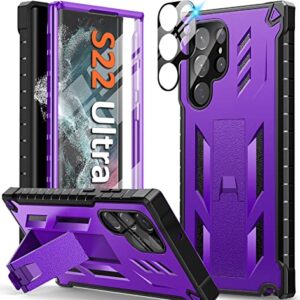 FNTCASE for Samsung Galaxy S22 Ultra Case: Built-in Screen Protector & Kickstand Full-Body Dual Layer Rugged Military Grade Shockproof Protection Heavy Duty Protective Phone Cover 5G-Purple