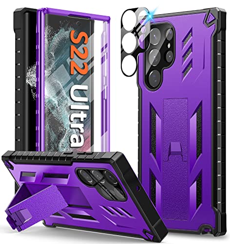 FNTCASE for Samsung Galaxy S22 Ultra Case: Built-in Screen Protector & Kickstand Full-Body Dual Layer Rugged Military Grade Shockproof Protection Heavy Duty Protective Phone Cover 5G-Purple