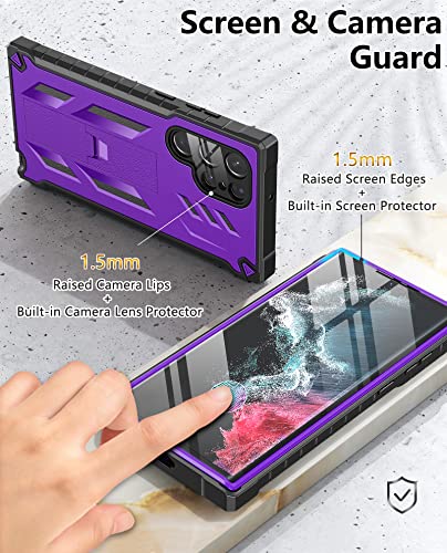 FNTCASE for Samsung Galaxy S22 Ultra Case: Built-in Screen Protector & Kickstand Full-Body Dual Layer Rugged Military Grade Shockproof Protection Heavy Duty Protective Phone Cover 5G-Purple