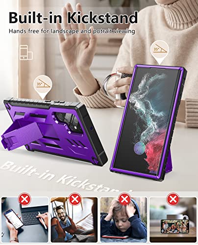 FNTCASE for Samsung Galaxy S22 Ultra Case: Built-in Screen Protector & Kickstand Full-Body Dual Layer Rugged Military Grade Shockproof Protection Heavy Duty Protective Phone Cover 5G-Purple