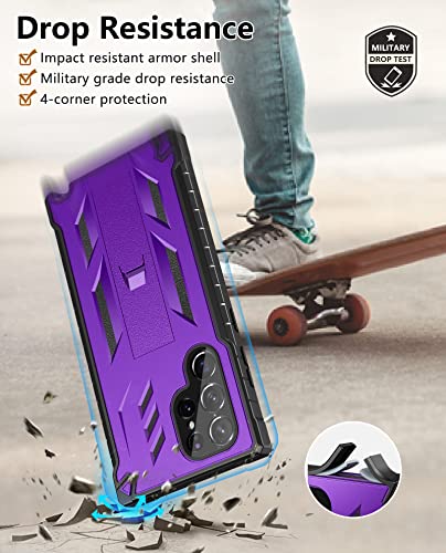 FNTCASE for Samsung Galaxy S22 Ultra Case: Built-in Screen Protector & Kickstand Full-Body Dual Layer Rugged Military Grade Shockproof Protection Heavy Duty Protective Phone Cover 5G-Purple