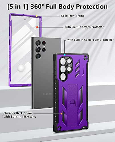 FNTCASE for Samsung Galaxy S22 Ultra Case: Built-in Screen Protector & Kickstand Full-Body Dual Layer Rugged Military Grade Shockproof Protection Heavy Duty Protective Phone Cover 5G-Purple