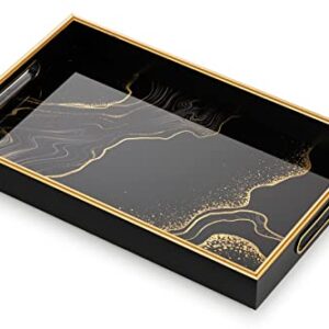 Hanobe Decorative Serving Tray Black: Coffee Table Tray with Handles for Ottoman Home Decor Modern Gold Rim Glass Drink Trays for Kitchen Counter Decanter Bar, Easy to Clean