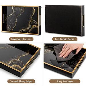 Hanobe Decorative Serving Tray Black: Coffee Table Tray with Handles for Ottoman Home Decor Modern Gold Rim Glass Drink Trays for Kitchen Counter Decanter Bar, Easy to Clean