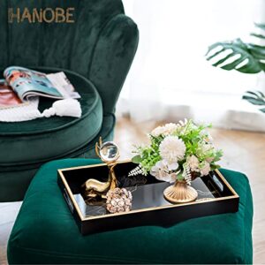 Hanobe Decorative Serving Tray Black: Coffee Table Tray with Handles for Ottoman Home Decor Modern Gold Rim Glass Drink Trays for Kitchen Counter Decanter Bar, Easy to Clean