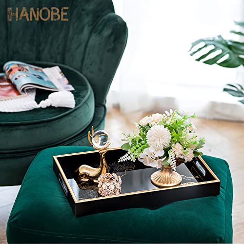 Hanobe Decorative Serving Tray Black: Coffee Table Tray with Handles for Ottoman Home Decor Modern Gold Rim Glass Drink Trays for Kitchen Counter Decanter Bar, Easy to Clean