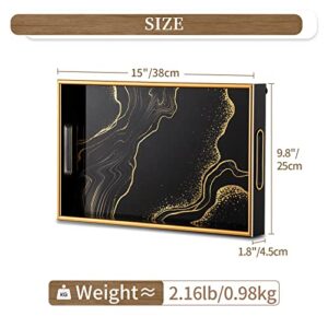 Hanobe Decorative Serving Tray Black: Coffee Table Tray with Handles for Ottoman Home Decor Modern Gold Rim Glass Drink Trays for Kitchen Counter Decanter Bar, Easy to Clean