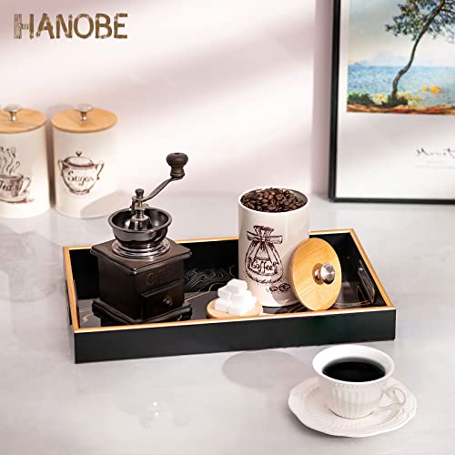 Hanobe Decorative Serving Tray Black: Coffee Table Tray with Handles for Ottoman Home Decor Modern Gold Rim Glass Drink Trays for Kitchen Counter Decanter Bar, Easy to Clean