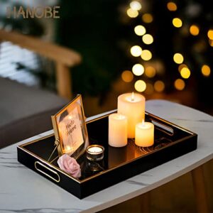 Hanobe Decorative Serving Tray Black: Coffee Table Tray with Handles for Ottoman Home Decor Modern Gold Rim Glass Drink Trays for Kitchen Counter Decanter Bar, Easy to Clean