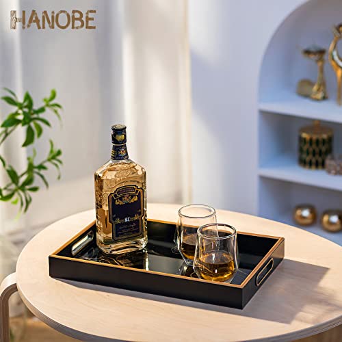 Hanobe Decorative Serving Tray Black: Coffee Table Tray with Handles for Ottoman Home Decor Modern Gold Rim Glass Drink Trays for Kitchen Counter Decanter Bar, Easy to Clean