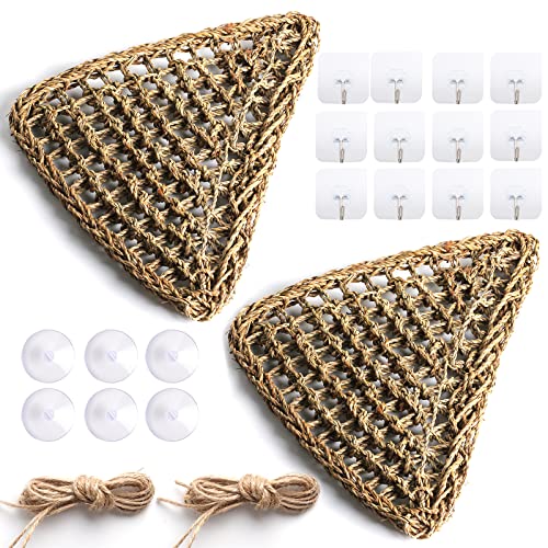 13 x 13 Inches Reptile Triangle Hammock Set of 2, Lizard Lounger, 100% Natural Seagrass Fibers with Hemp 2 Rope, 12 Hooks, 8 Suckers for Anoles, Bearded Dragons, Geckos, Iguanas, and Hermit Crabs