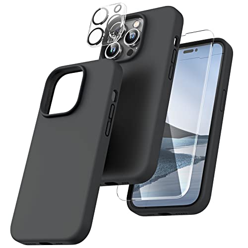 TOCOL 5-in-1 iPhone 14 Pro Max Case: Slim Liquid Silicone, 2 Screen & Camera Protectors, Anti-Scratch, Drop Protection, Black