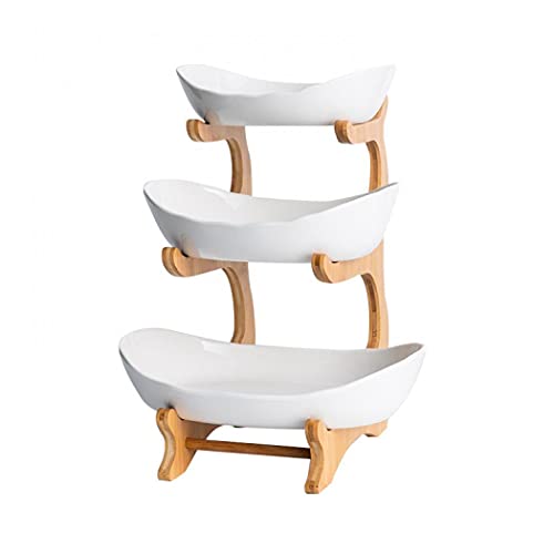 Jessie 3 Tiered Fruit Bowls Wooden Stand Ceramics Tiered Tray Decor Serving Fruit Cup Cake Dessert for Party Wedding Farmhouse (White Porcelain)