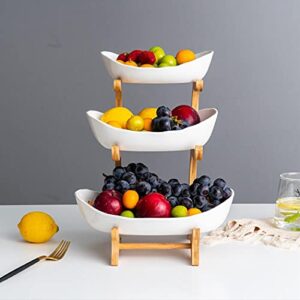 Jessie 3 Tiered Fruit Bowls Wooden Stand Ceramics Tiered Tray Decor Serving Fruit Cup Cake Dessert for Party Wedding Farmhouse (White Porcelain)