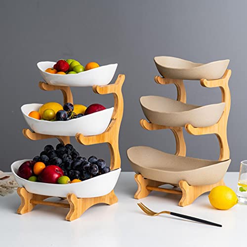 Jessie 3 Tiered Fruit Bowls Wooden Stand Ceramics Tiered Tray Decor Serving Fruit Cup Cake Dessert for Party Wedding Farmhouse (White Porcelain)