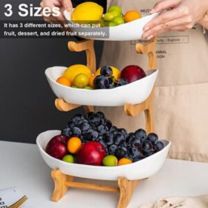 Jessie 3 Tiered Fruit Bowls Wooden Stand Ceramics Tiered Tray Decor Serving Fruit Cup Cake Dessert for Party Wedding Farmhouse (White Porcelain)