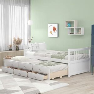 twin daybed with trundle and storage drawers wood twin size bed frame with 3 drawers wooden platform beds for kids boys girls teens, white