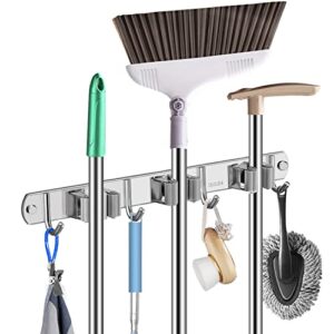 jewjio broom mop holder, 15 inch wall mounted broom storage rack utility hanger 3 racks 4 hooks for bathroom home kitchen office closet garage stainless steel heavy tool storage rack