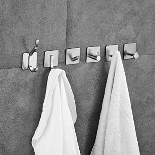 Towel Hooks 6 Pack Stainless Steel Self Adhesive Coat Robe Hooks, Modern No Drilling Waterproof Sticky Wall Hooks for Bathroom Kitchen Office Home, Waterproof Stick on Wall Adhesive Hangers,Wall Mount