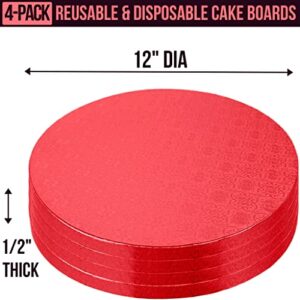 12 Inch Cake Boards - 4 Pack Cake Drums 12 Inch Dia - Disposable Red Cake Board Circles - Reusable Round Cake Boards - Cake Base Cardboard Cake Rounds - Cake Decorating Supplies & Baking Supplies