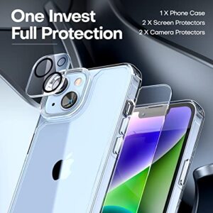 TAURI 5 in 1 Designed for iPhone 14 Plus Case Clear, [Not-Yellowing] with 2X Tempered Glass Screen Protector + 2X Camera Lens Protector, [Military-Grade Drop Protection] Slim Phone Case 6.7 Inch