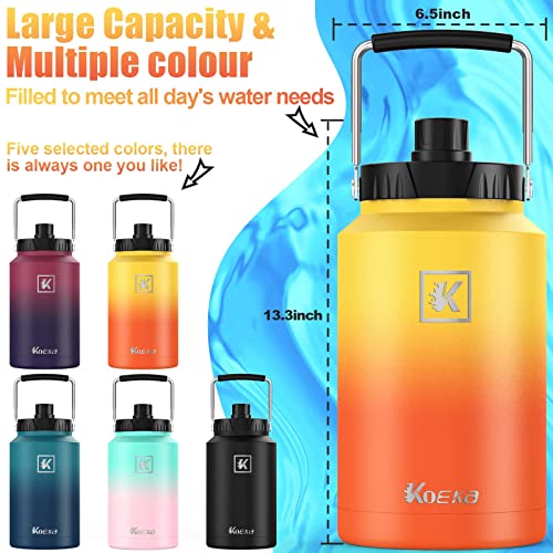 Insulated Water Bottle with Double Walled, Koeka One Gallon Wide Mouth Vacuum Insulated Leak Proof Stainless Steel Thermos with Straw, 128OZ Thermo Mug, Hot Cold, Hiking, Sports, Outdoor, Fire Cloud