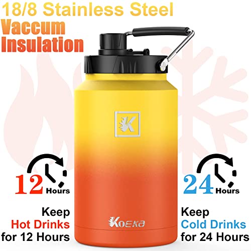 Insulated Water Bottle with Double Walled, Koeka One Gallon Wide Mouth Vacuum Insulated Leak Proof Stainless Steel Thermos with Straw, 128OZ Thermo Mug, Hot Cold, Hiking, Sports, Outdoor, Fire Cloud