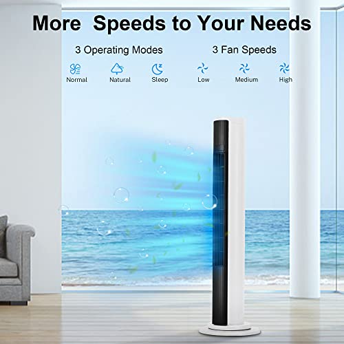 Uthfy Tower Fan with Remote, 80° Oscillating Bladeless Fan with 10H Timer, 36" Quiet Floor Standing Cooling Fan with 3 Speeds, 3 Modes in Bedroom, Living Room,Study, Office, White