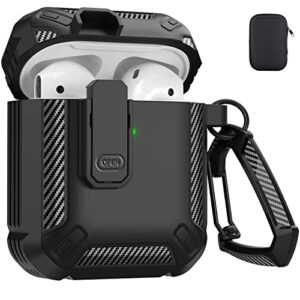 maxjoy for airpods case cover, airpods 2 protective case with lock gen 2 military hard shell rugged shockproof cover with keychain compatible with apple airpods 2nd airpods 1st generation, black