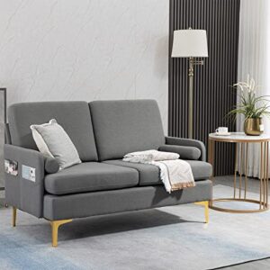 zjhome 52'' linen fabric modern sofa couch with storage pocket, golden y-legs & 2 pillows, upholstered comfy small loveseat couch for living room, bedroom, office, apartment, small space(gray)