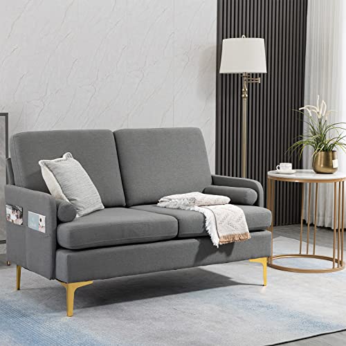 ZJhome 52'' Linen Fabric Modern Sofa Couch with Storage Pocket, Golden Y-Legs & 2 Pillows, Upholstered Comfy Small Loveseat Couch for Living Room, Bedroom, Office, Apartment, Small Space(Gray)