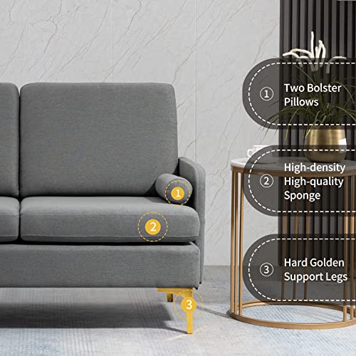 ZJhome 52'' Linen Fabric Modern Sofa Couch with Storage Pocket, Golden Y-Legs & 2 Pillows, Upholstered Comfy Small Loveseat Couch for Living Room, Bedroom, Office, Apartment, Small Space(Gray)