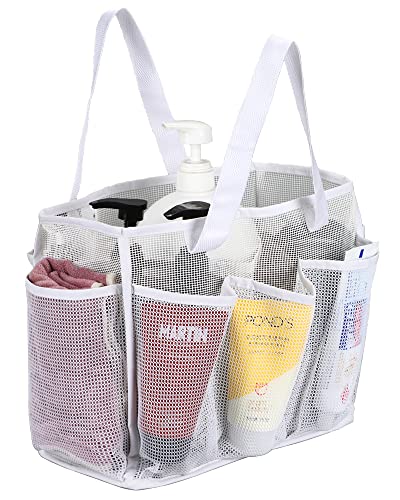 Qimodo Mesh Shower Caddy Tote with V-separated Compartment,Heavy Duty Toiletry Bath Basket Bag for Dorm College Gym Camping (White)