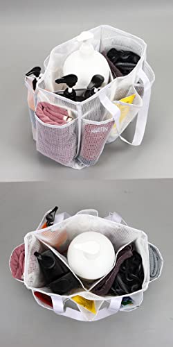 Qimodo Mesh Shower Caddy Tote with V-separated Compartment,Heavy Duty Toiletry Bath Basket Bag for Dorm College Gym Camping (White)