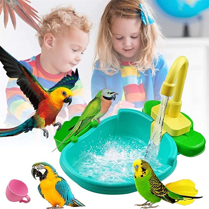 JZRH Parrot Automatic Bathtub Toys Faucet Multifunctional Shower Box Pet Pool Birdbath Bowl Fountain Small Animals Parakeets,Budgie,Cockatiel Bird Feeder(Blue),13.9 x 9.29 x 3.03 in 34.5*24.8*8.2CM