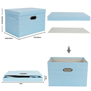 DAYARD Foldable Storage Boxes with Lids Linen Fabric Stackable Storage Bins Organizer Containers Baskets Cube with Cover for Closet Office Nursery, BLue (15 x 10 x 10)