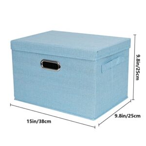 DAYARD Foldable Storage Boxes with Lids Linen Fabric Stackable Storage Bins Organizer Containers Baskets Cube with Cover for Closet Office Nursery, BLue (15 x 10 x 10)