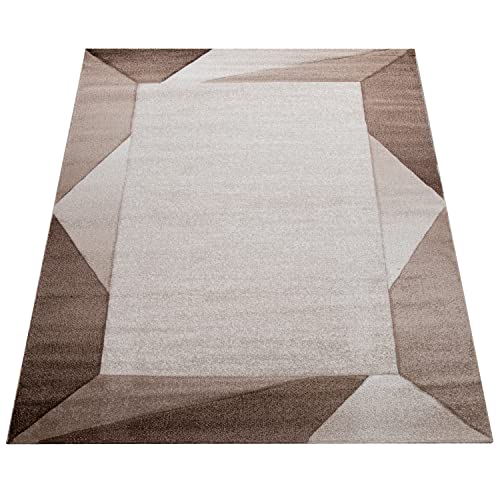 Modern Area Rug Bordered with Geometric Pattern in Brown Beige with Contour Cut, Size: 5'3" x 7'7"