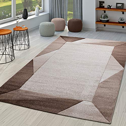 Modern Area Rug Bordered with Geometric Pattern in Brown Beige with Contour Cut, Size: 5'3" x 7'7"