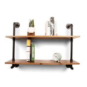 pipe floating shelves, 2 tier wall shelf with towel bar, industrial pipe floating shelves, wall mount bookshelf for bedroom, kitchen, living room, hanging bookshelf 35.5 in l