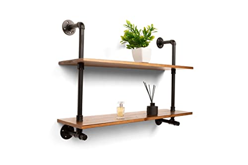 Pipe Floating Shelves, 2 Tier Wall Shelf with Towel Bar, Industrial Pipe Floating Shelves, Wall Mount Bookshelf for Bedroom, Kitchen, Living Room, Hanging Bookshelf 35.5 in L