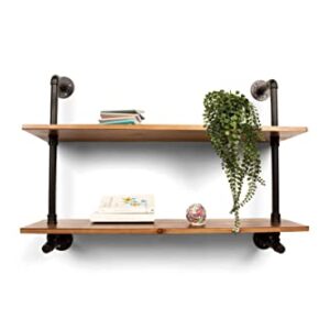 Pipe Floating Shelves, 2 Tier Wall Shelf with Towel Bar, Industrial Pipe Floating Shelves, Wall Mount Bookshelf for Bedroom, Kitchen, Living Room, Hanging Bookshelf 35.5 in L