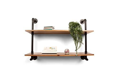 Pipe Floating Shelves, 2 Tier Wall Shelf with Towel Bar, Industrial Pipe Floating Shelves, Wall Mount Bookshelf for Bedroom, Kitchen, Living Room, Hanging Bookshelf 35.5 in L