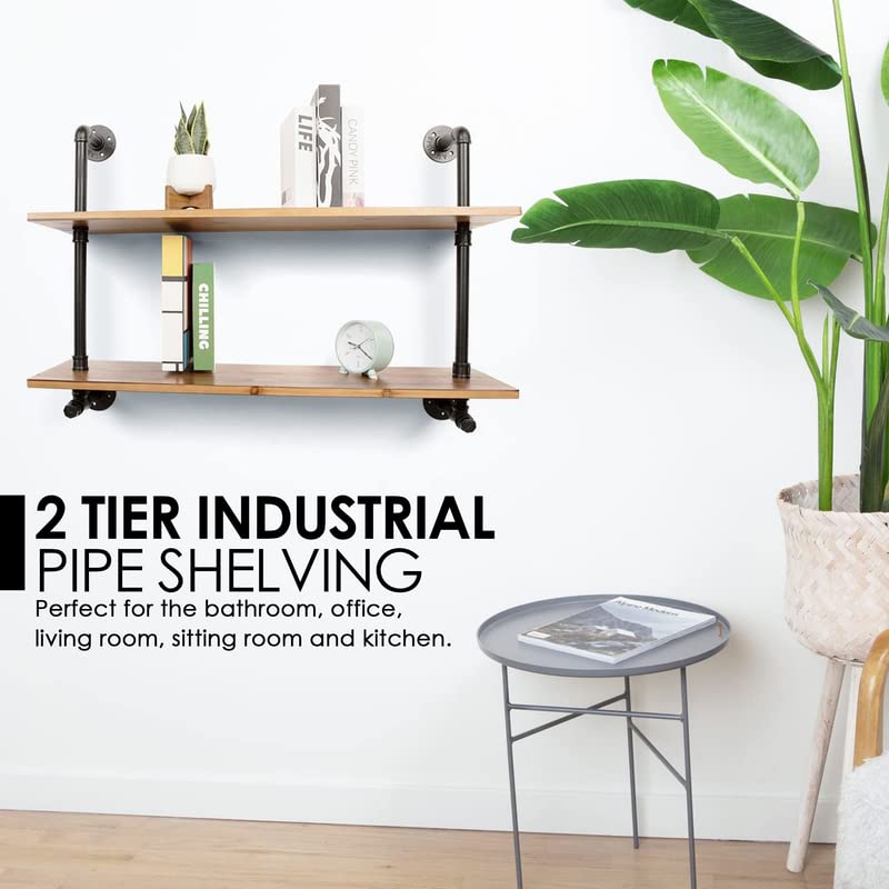 Pipe Floating Shelves, 2 Tier Wall Shelf with Towel Bar, Industrial Pipe Floating Shelves, Wall Mount Bookshelf for Bedroom, Kitchen, Living Room, Hanging Bookshelf 35.5 in L